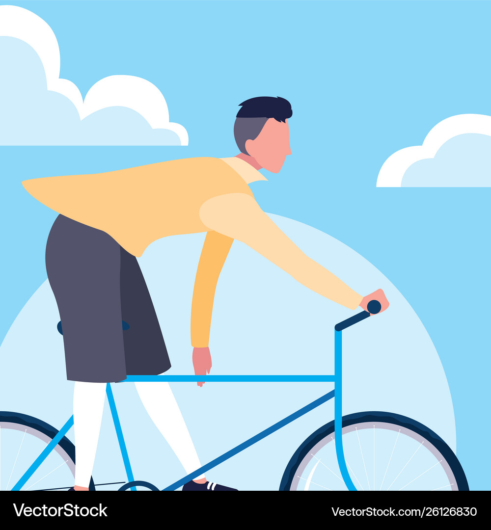 Young man riding bike with sky and clouds Vector Image