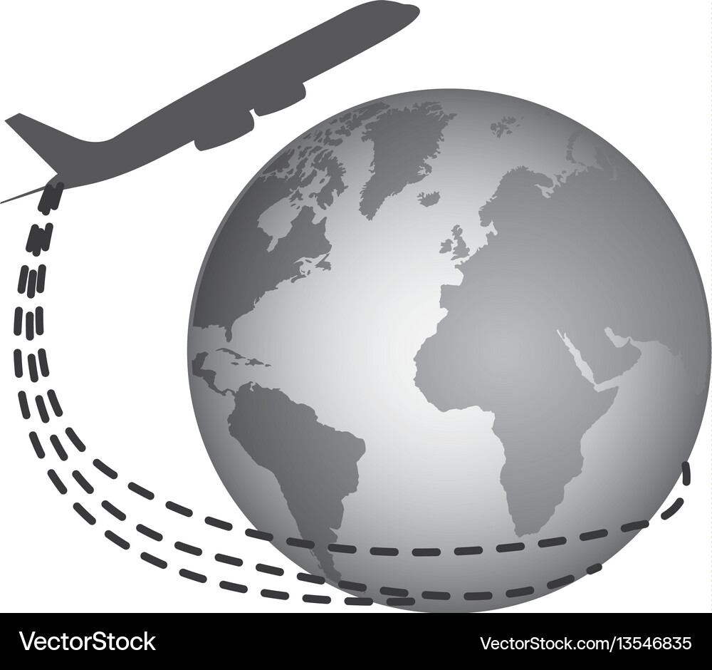 Gray earth planet with airplane icon Royalty Free Vector