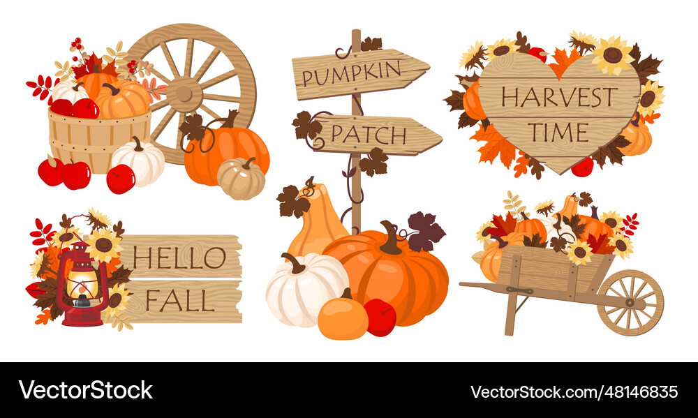 Pumpkin harvest wooden elements set Royalty Free Vector
