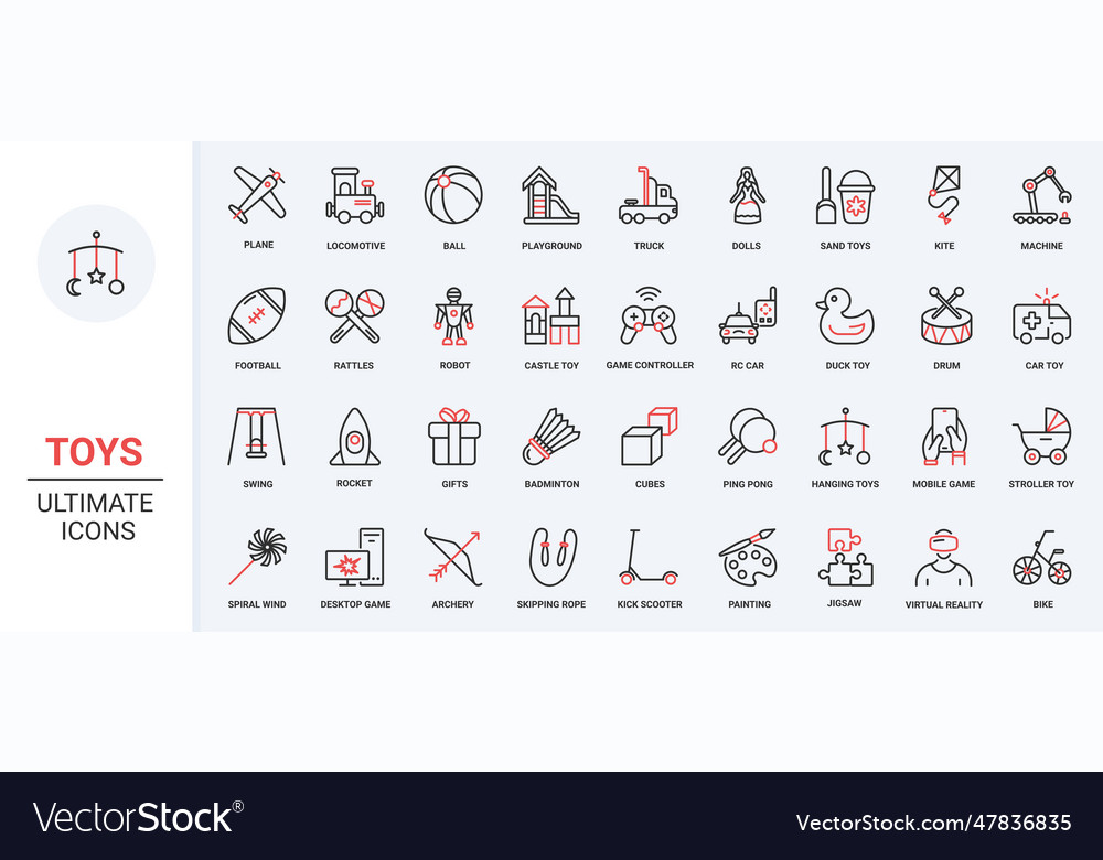 Toys for kids trendy red black thin line icons set