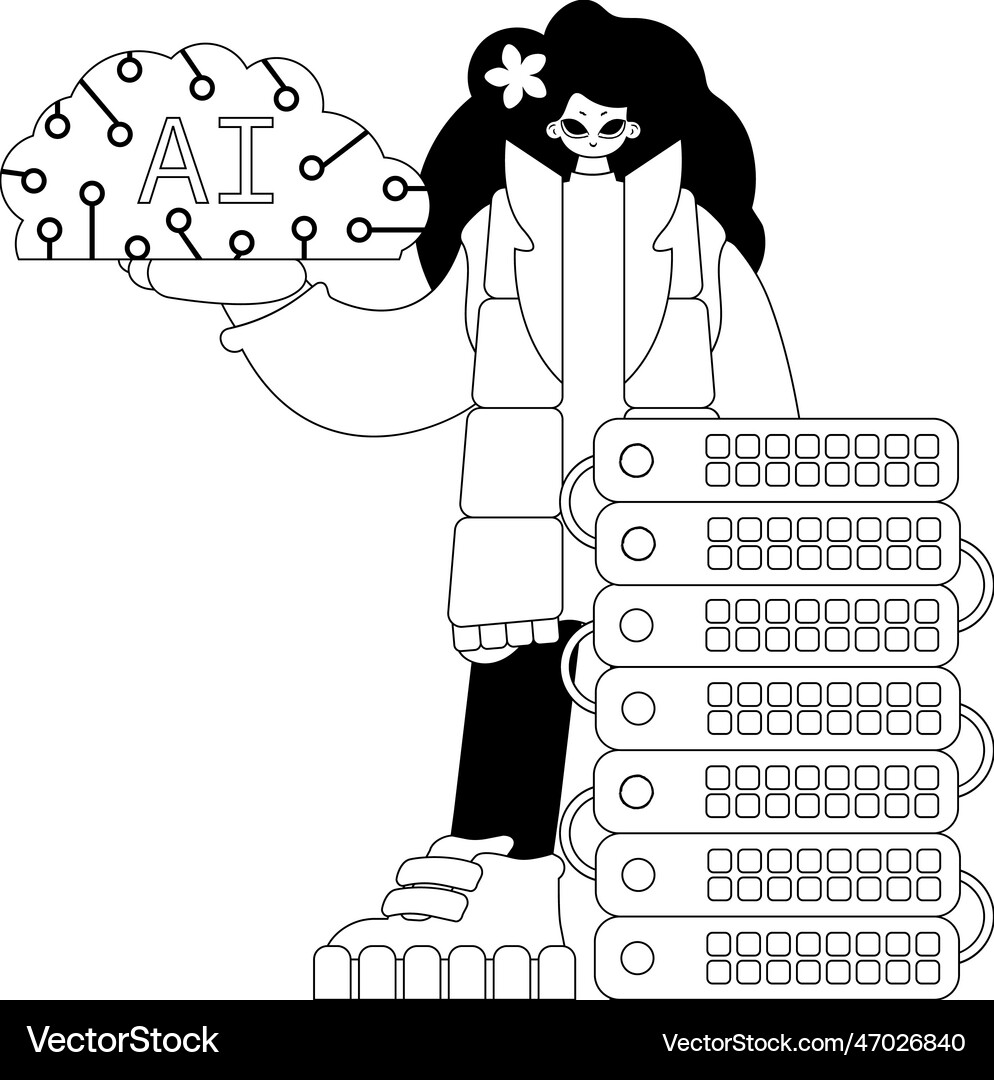 Girl and ai server in linear style inspired Vector Image