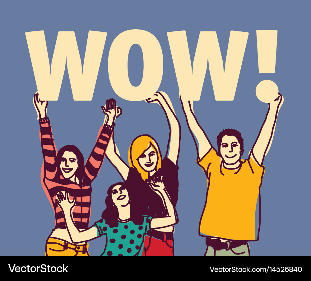 Group young people and signs wow Royalty Free Vector Image