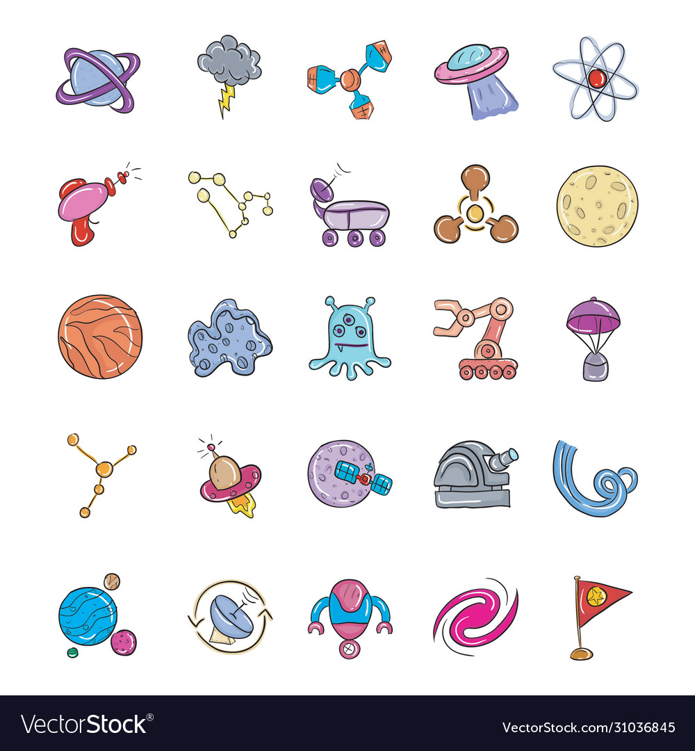 Compact galaxy and space doodle pack Royalty Free Vector