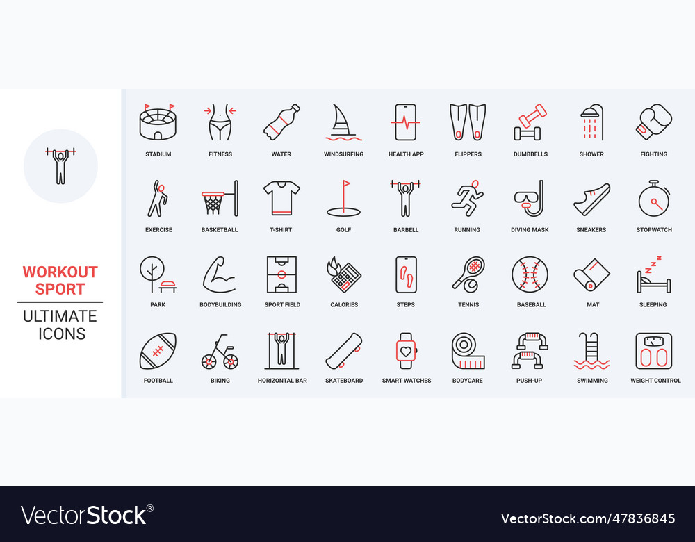 Sports workout trendy red black thin line icons Vector Image