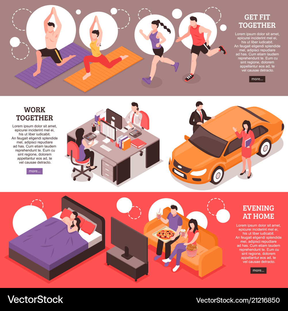 Daily routine couple isometric banners Royalty Free Vector