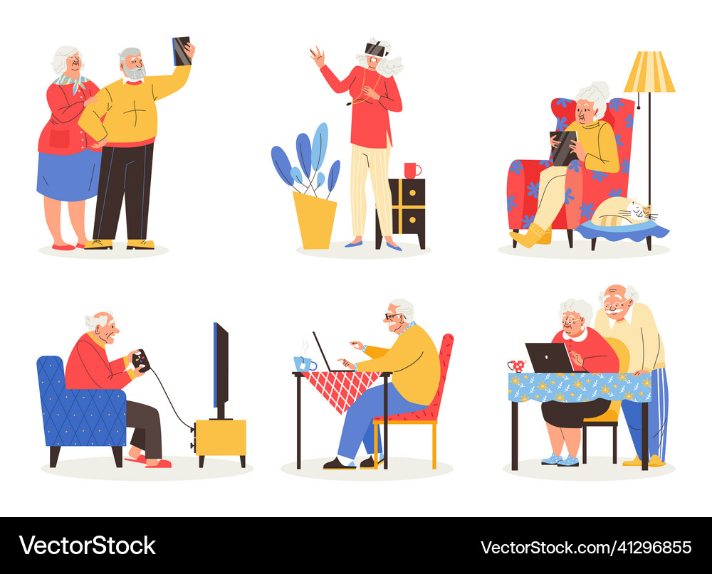 Elder man and senior woman using technology Vector Image