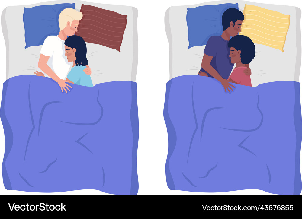 Happy couples sleeping in beds semi flat color Vector Image