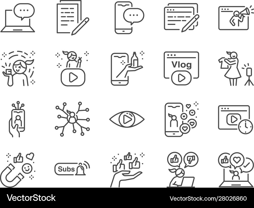 Micro influencer and blog line icon set Royalty Free Vector