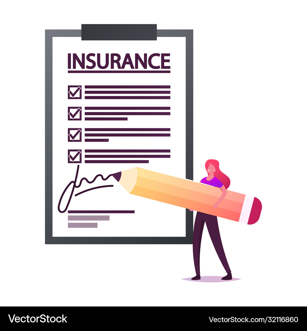 Tiny female character signing huge insurance Vector Image