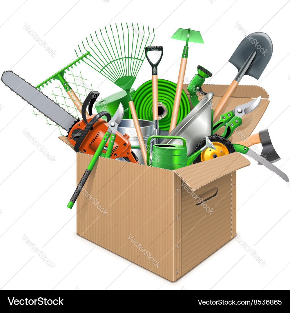Carton box with garden accessories Royalty Free Vector Image