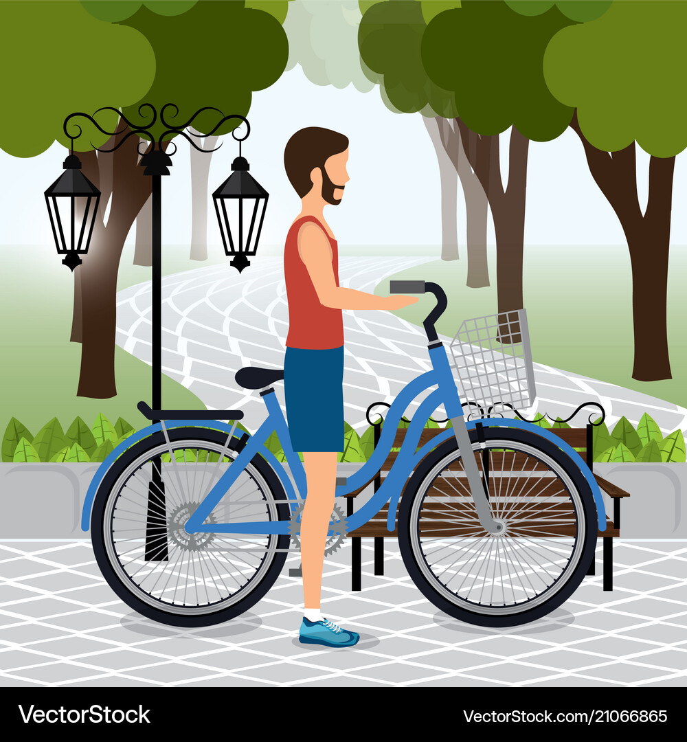 Man with bicycle in the landscape Royalty Free Vector Image