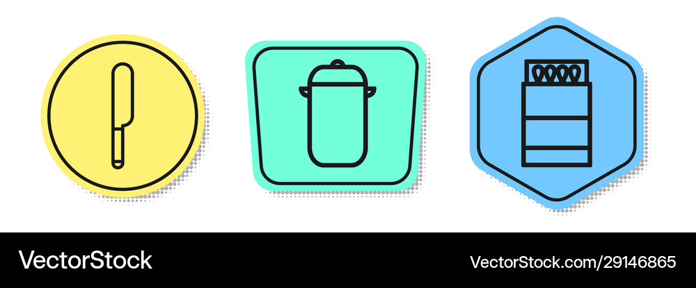 Set line knife cooking pot and open matchbox Vector Image