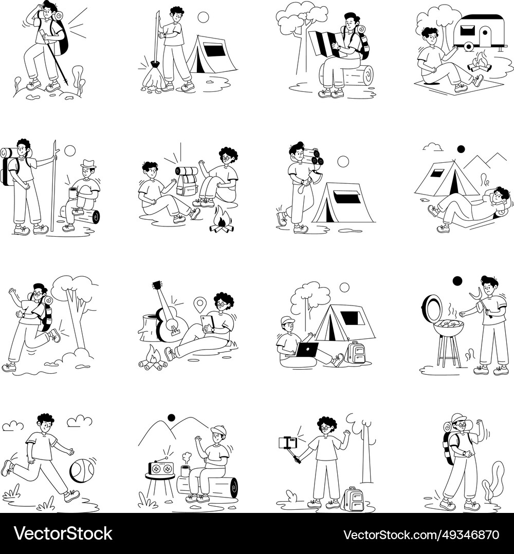 Collection of camping fun line Royalty Free Vector Image