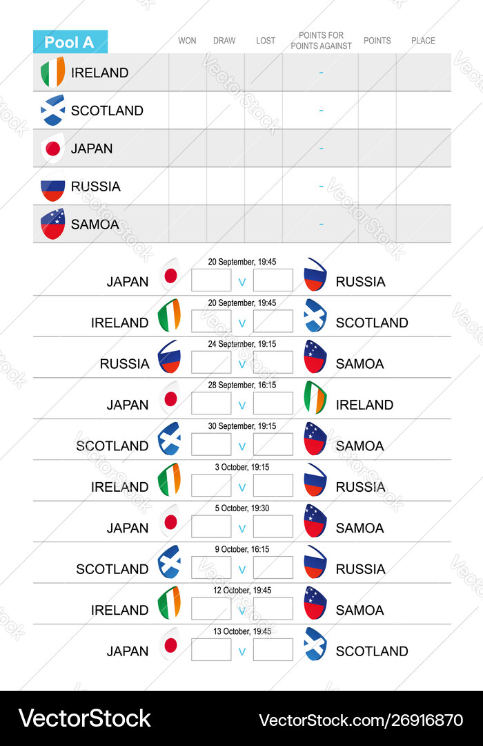 Rugby match schedule for pool a all matches Vector Image