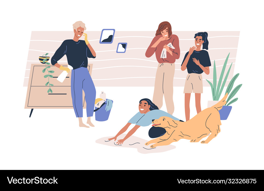 Smiling diverse family doing housework together Vector Image