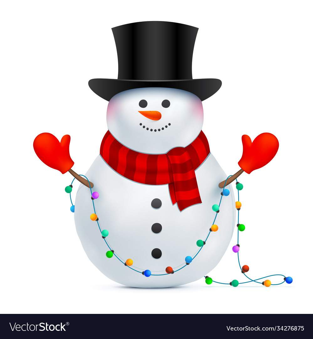 Snowman with a black top hat and christmas lights Vector Image