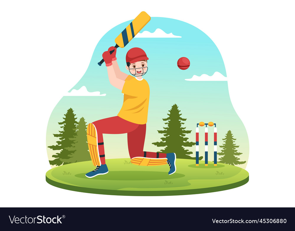 Batsman playing cricket sport with bat and balls Vector Image