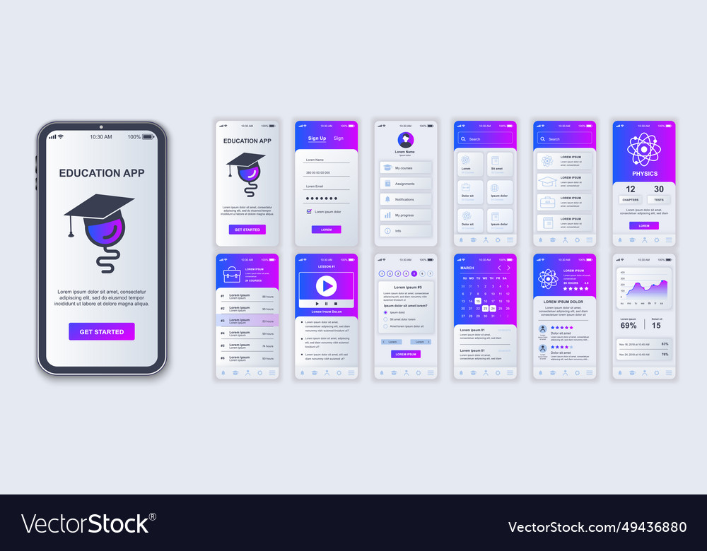 Education mobile app interface screens template Vector Image Education mobile app interface screens template Vector Image