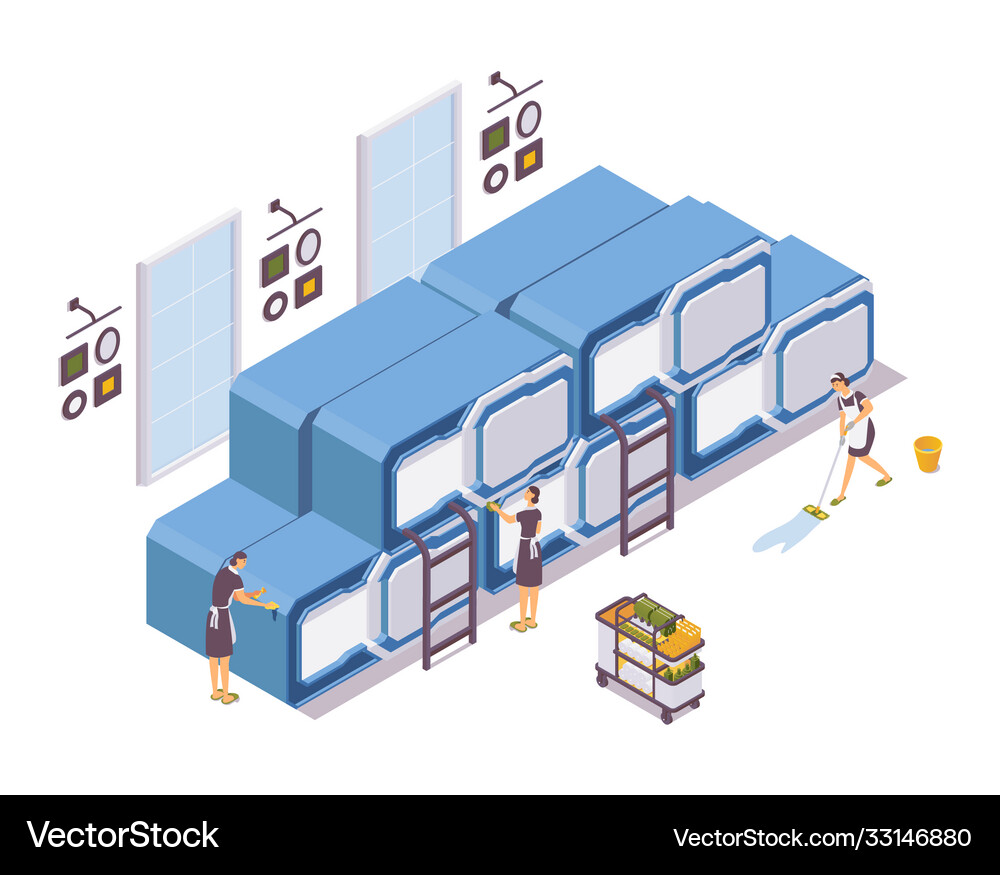 Isometric staff cleaning in capsule hotel Vector Image