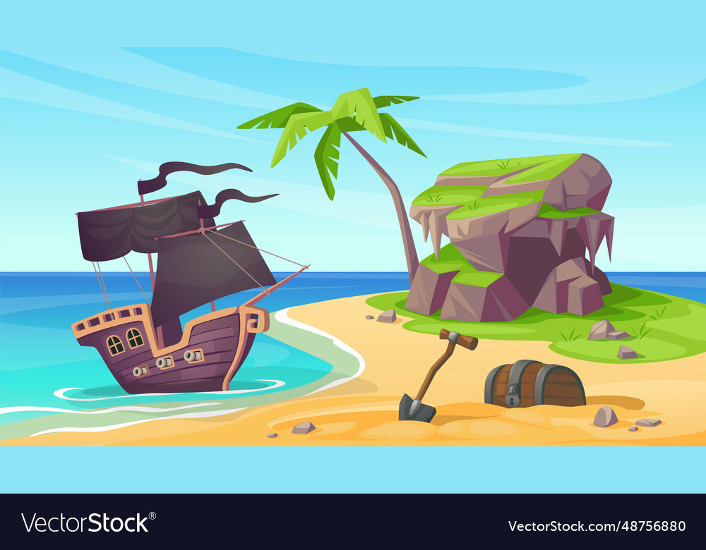 Sea island pirate ship sand beach treasure Vector Image