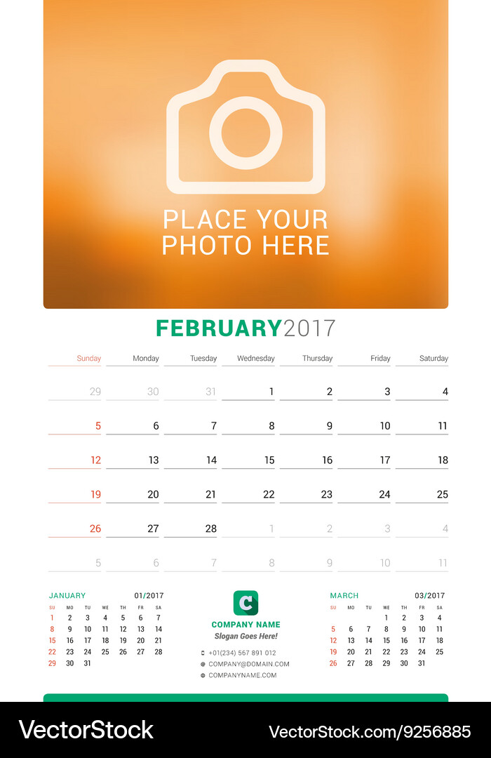 February 2017 Wall Monthly Calendar for 2017 Year Vector Image