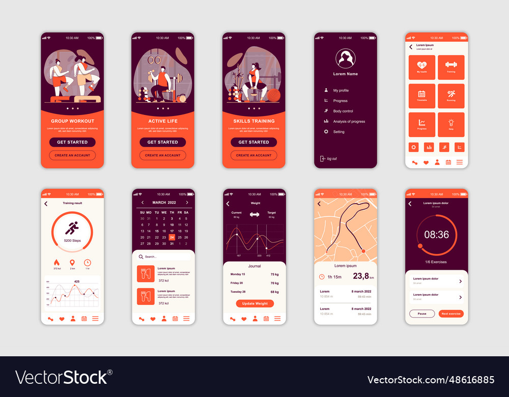 Fitness concept screens set for mobile app Vector Image Fitness concept screens set for mobile app Vector Image