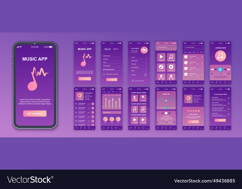 Music Mobile App Interface Screens Template Set Vector Image