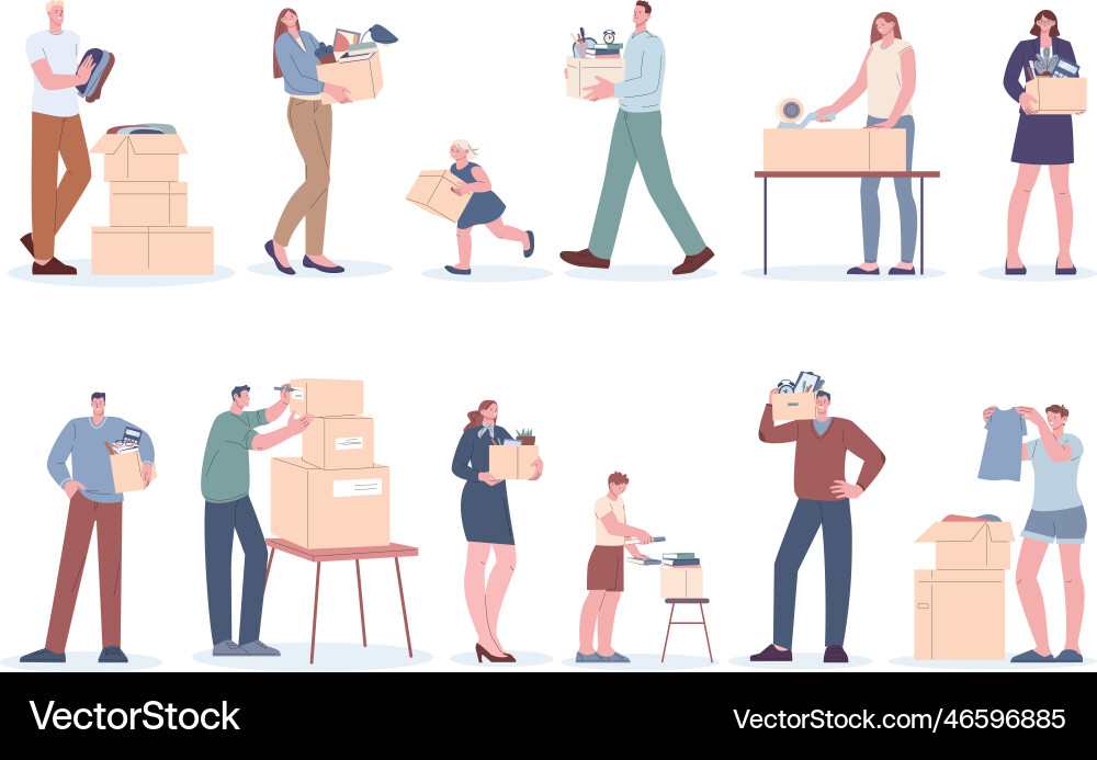 People with boxes person packaging office or home Vector Image