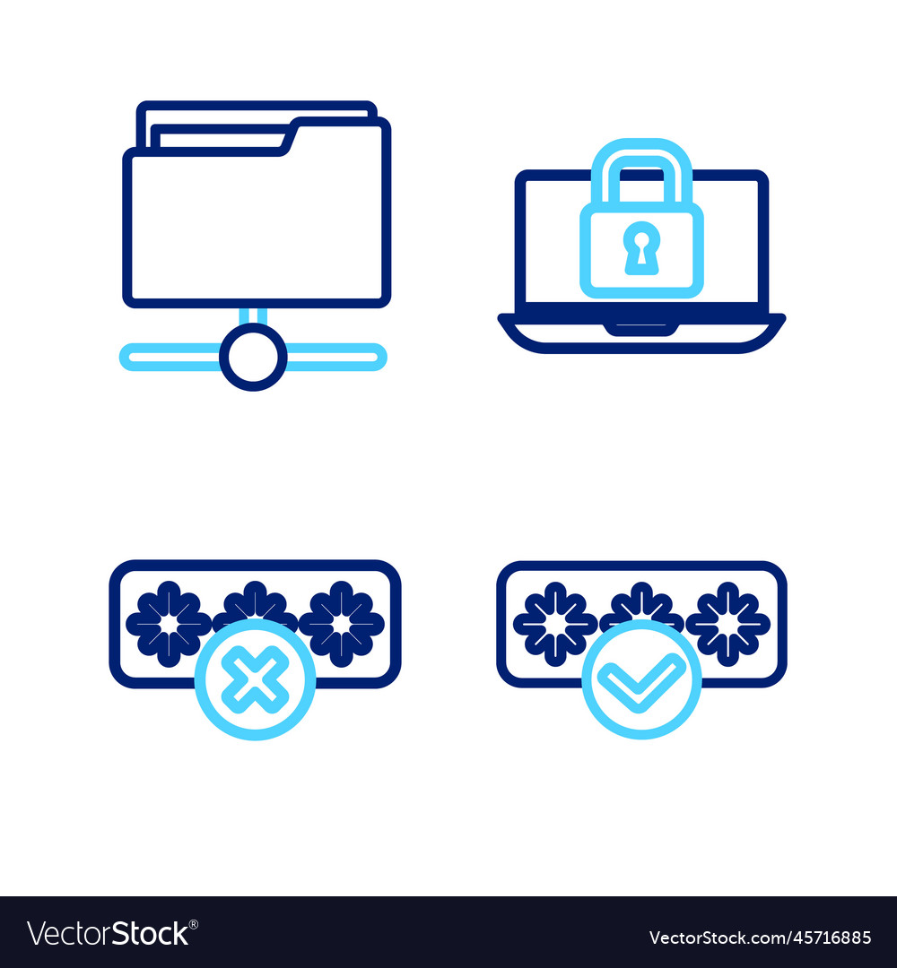 Set Line Password Protection Laptop And Lock And Vector Image