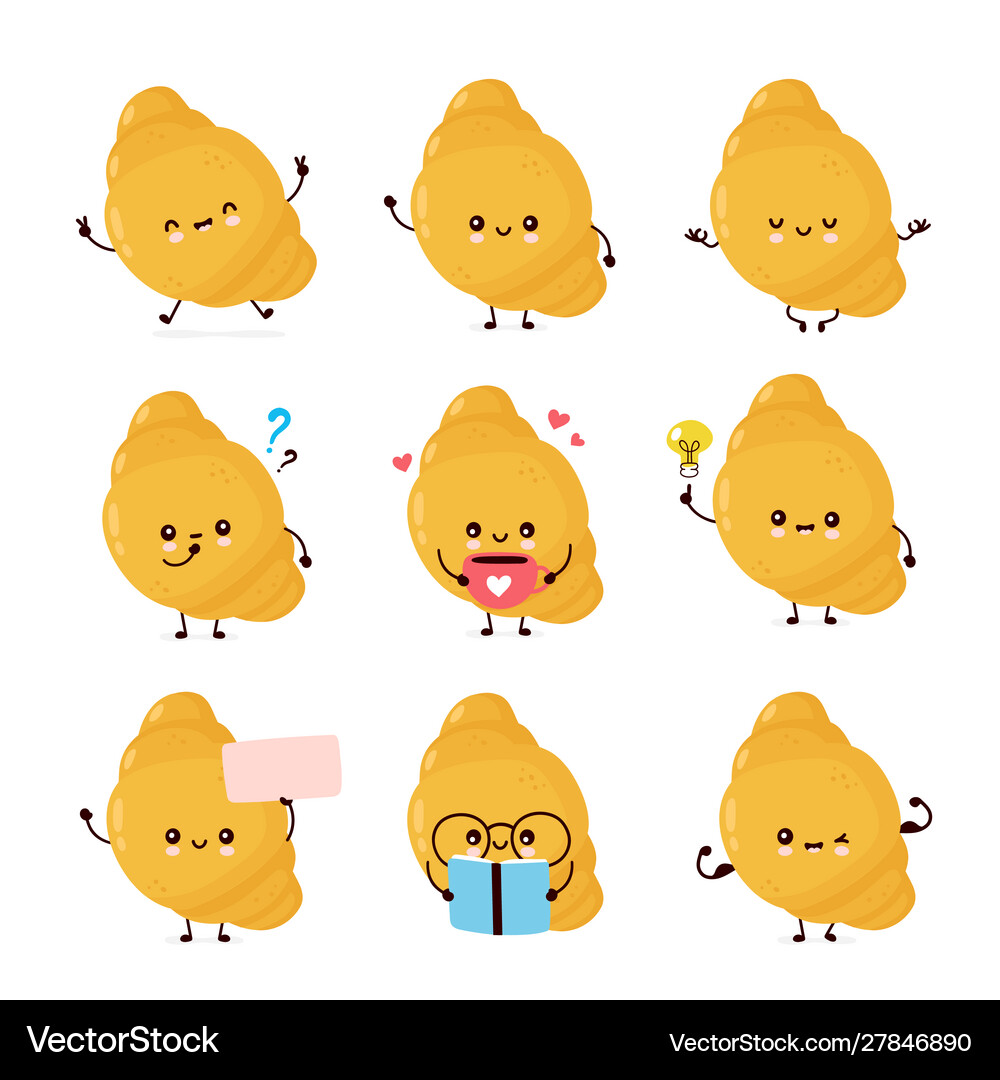 Cute happy croissant set collection Royalty Free Vector