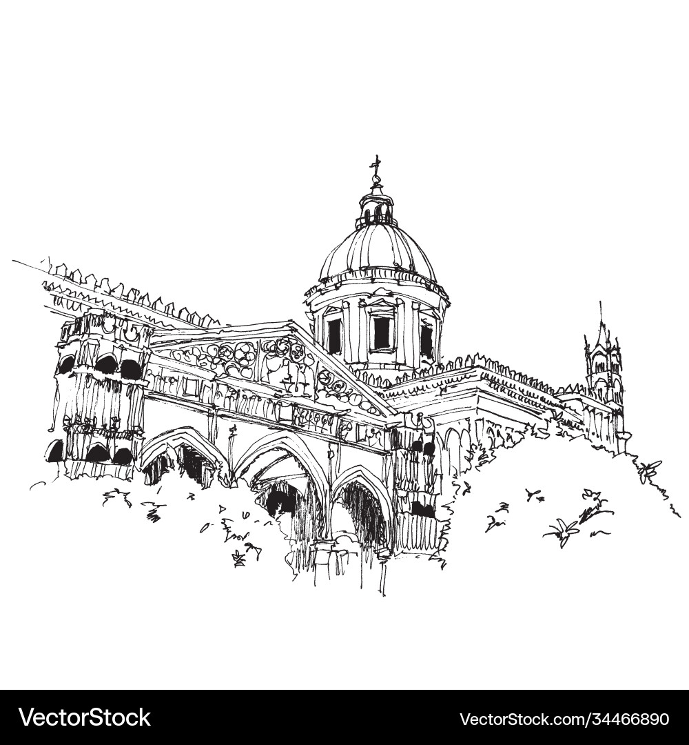 Drawing sketch palermo cathedral sicily Royalty Free Vector