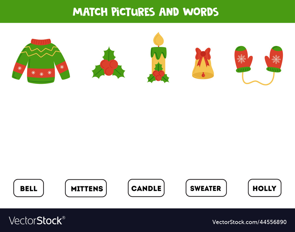 Matching game match christmas elements with words Vector Image