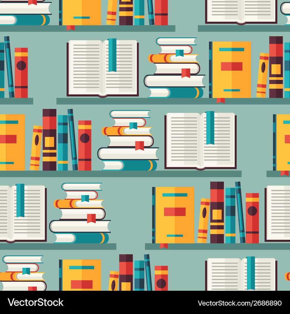 Seamless pattern with books on bookshelves in flat