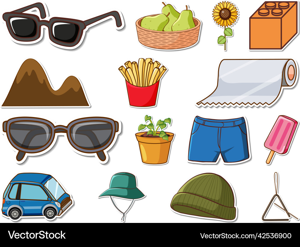 Sticker set of mixed daily objects Royalty Free Vector Image