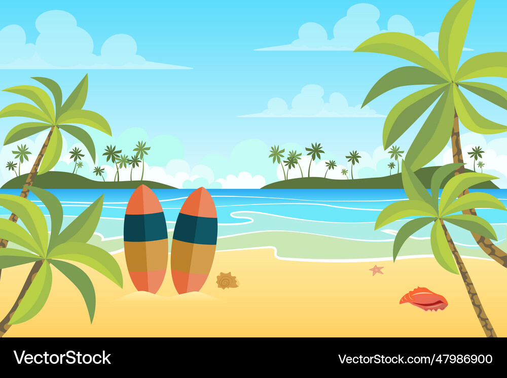 Tropical beach with surfboards landscape Vector Image
