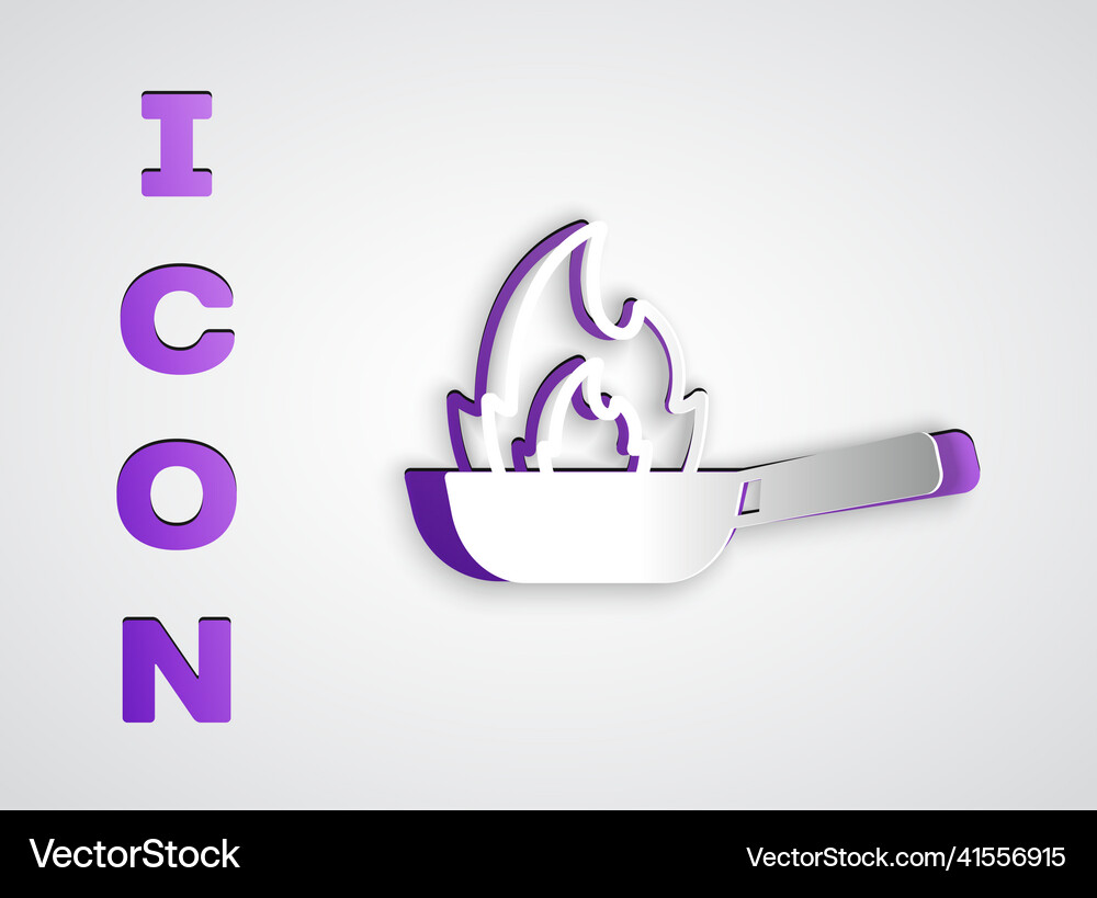 Paper cut pan with fire icon isolated on grey Vector Image