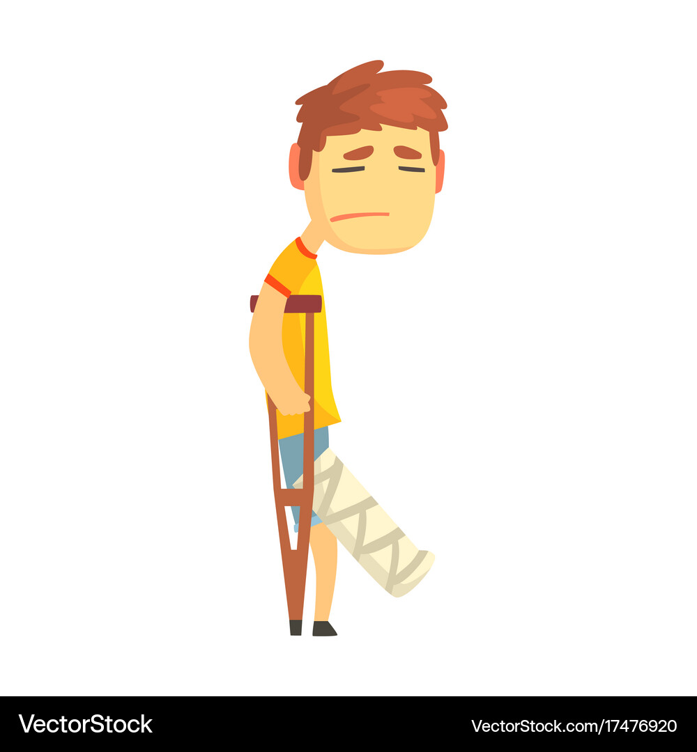 Sad unhappy boy with broken leg walking with Vector Image