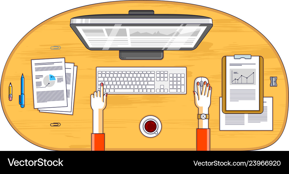 Work desk workspace top view with hands of office Vector Image