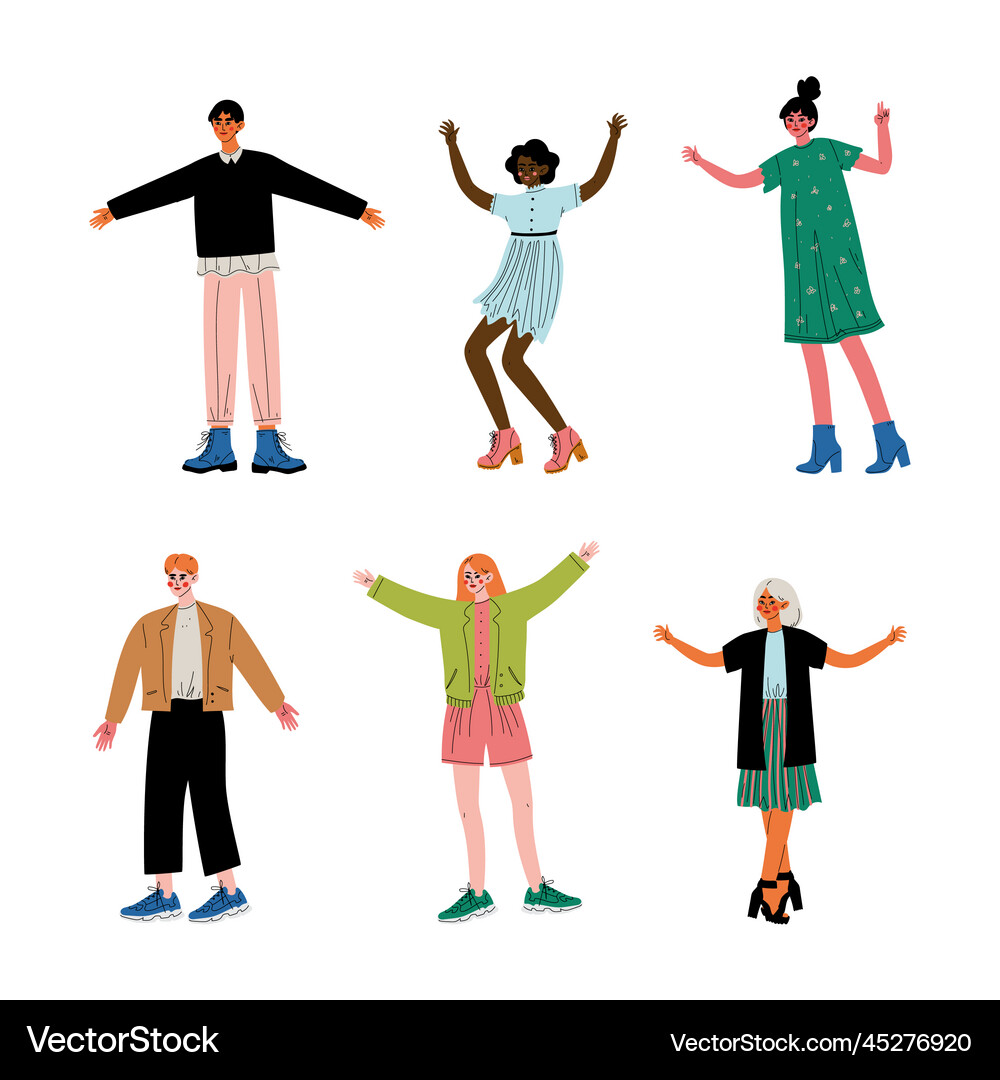 Young people standing with wide open arms set Vector Image