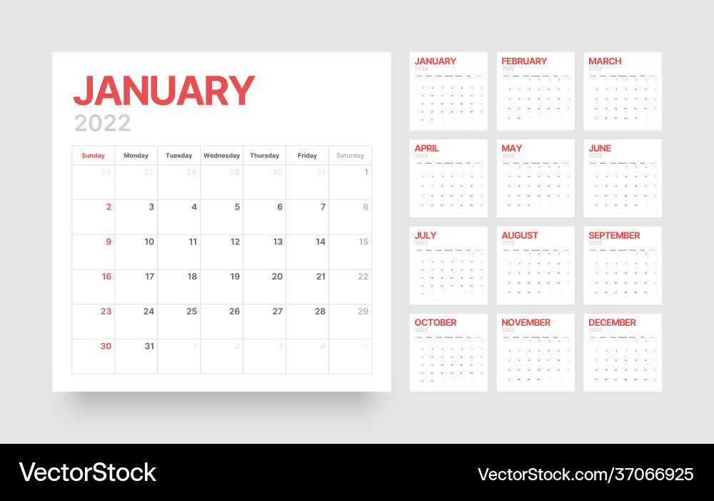 Calendar template for 2022 with week start on Vector Image