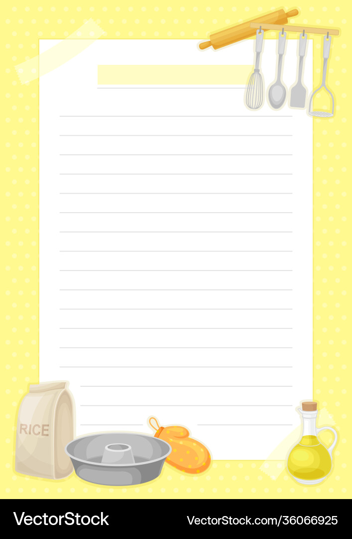 Recipe card with kitchen items and lines Vector Image
