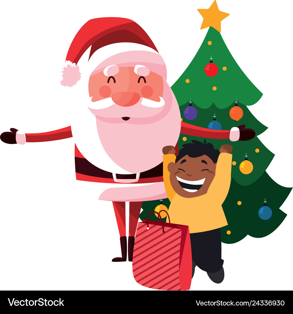 Christmas santa with boy and gift tree Royalty Free Vector