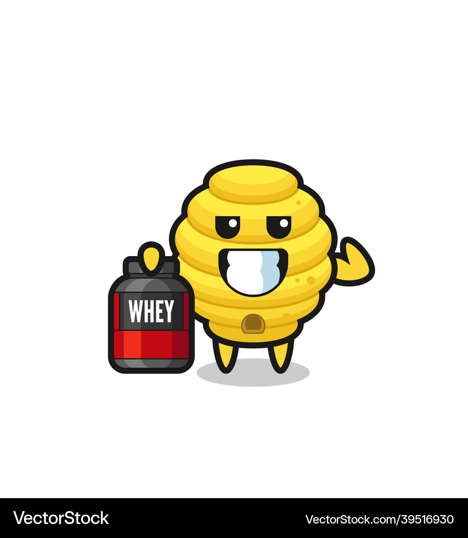 Muscular bee hive character is holding a protein Vector Image