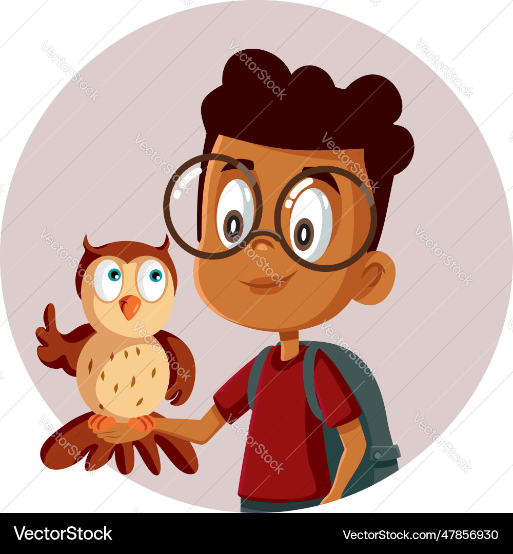 Smart kid holding a wise owl bird cartoon Vector Image