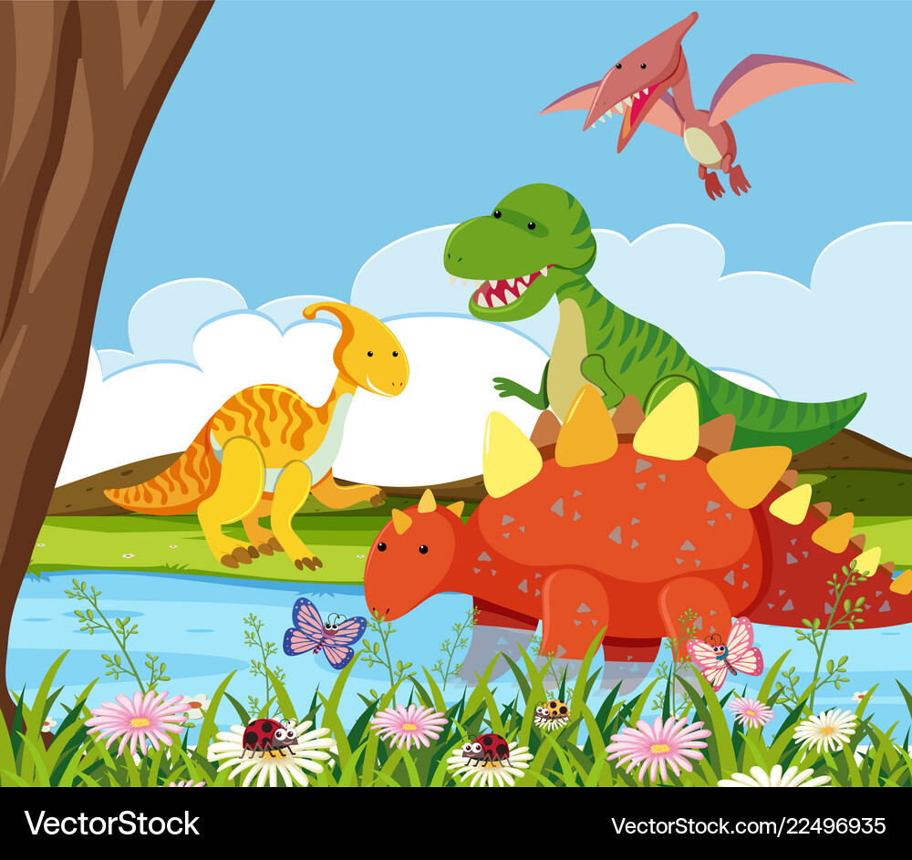 Flat dinosaur in nature Royalty Free Vector Image
