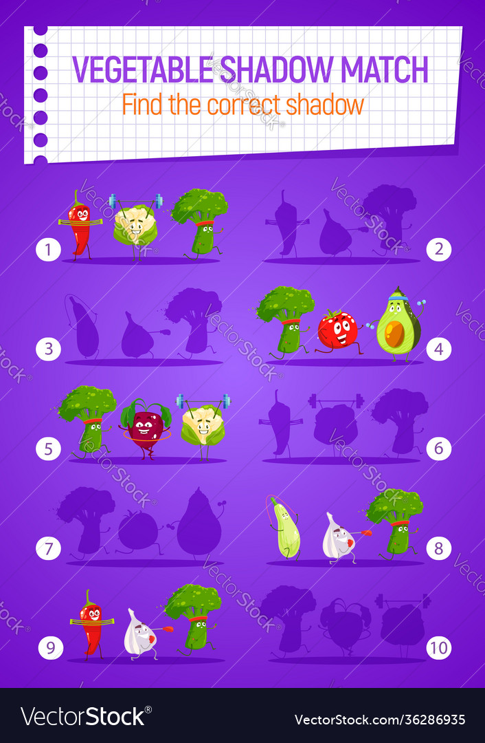 Kids game shadow match with cartoon vegetables Vector Image