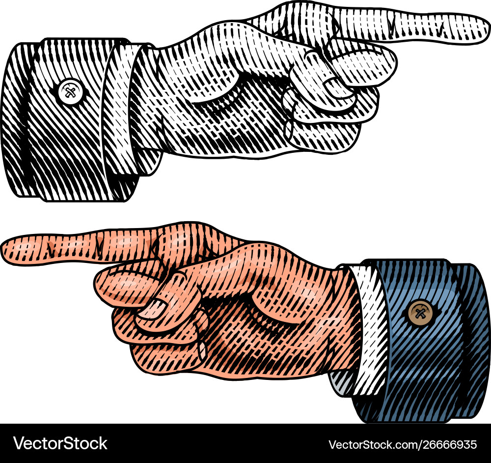 Pointing male hand engraved forefinger directs Vector Image