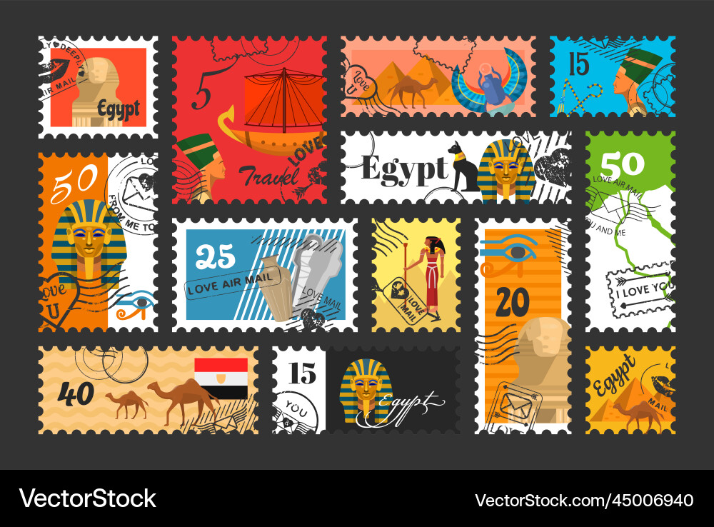 Egypt vintage mail post stamp set flat Royalty Free Vector