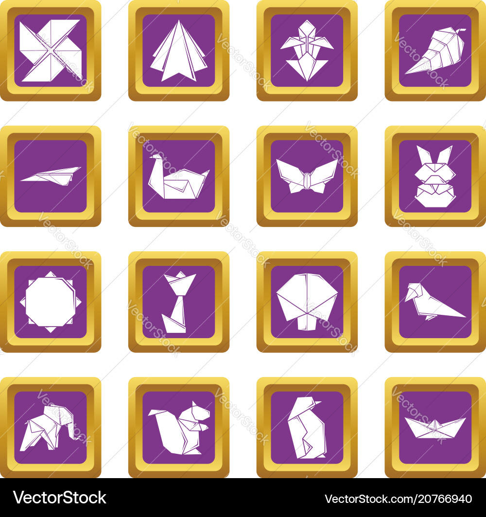 Origami icons set purple square Royalty Free Vector Image