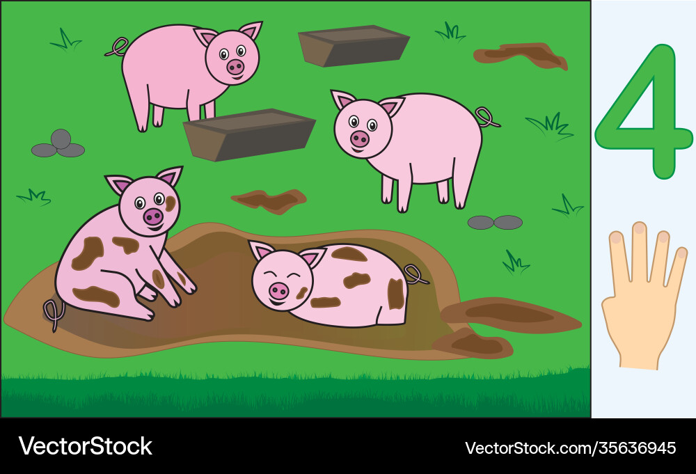 Animal pigs number 4 four learning counting Vector Image